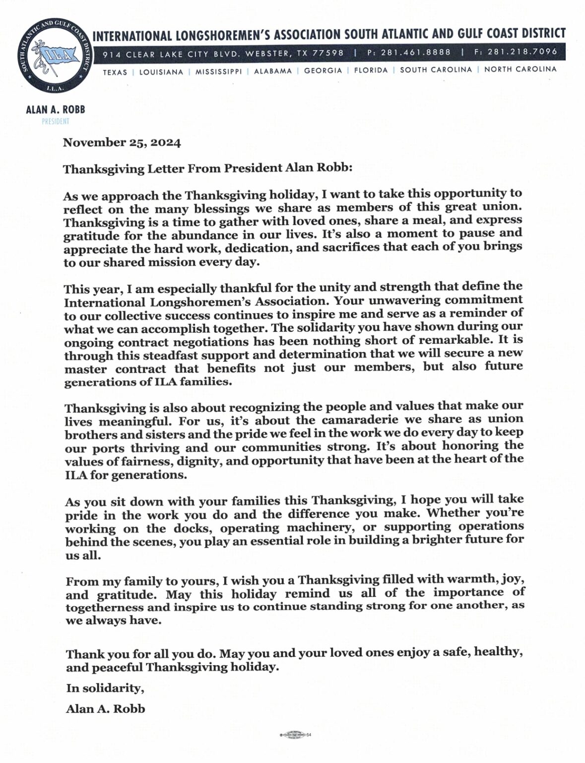 Thanksgiving Letter From SAGCD President Alan Robb - SAGCD - ILA