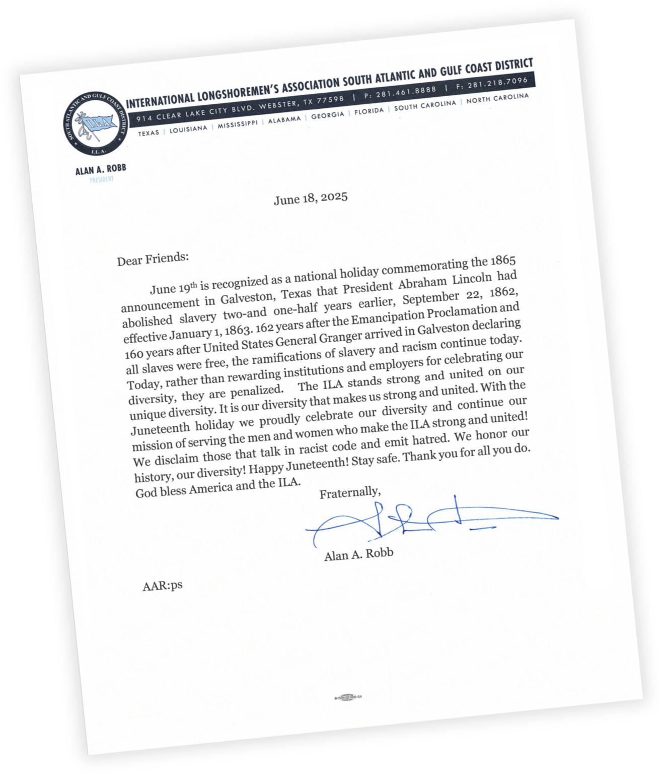 Juneteenth Letter from ILA SAGCD President Alan Robb - SAGCD - ILA